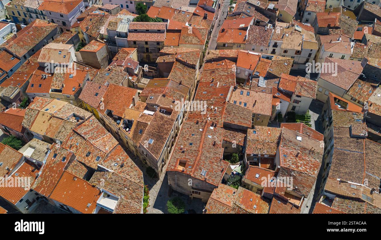 Aerial top view of residential area houses roofs and streets from above ...