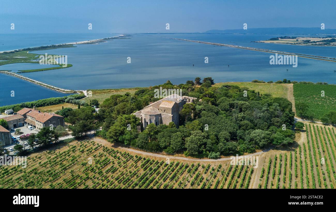 Aerial top view of old church on island from above, canal du Rhone a ...