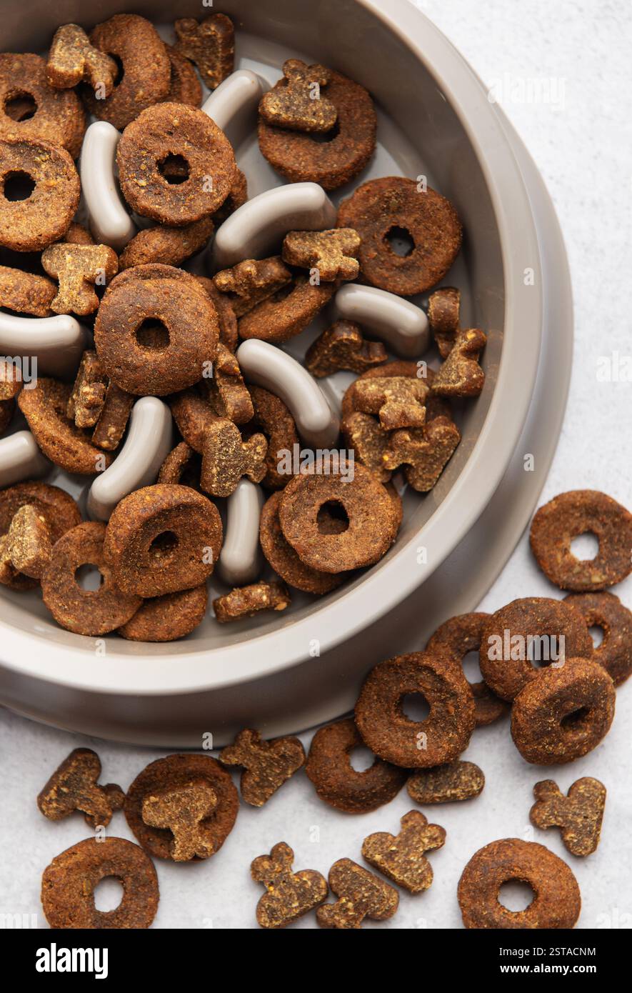Dry dog food in a slow feeder bowl and scattered on a table, promoting ...