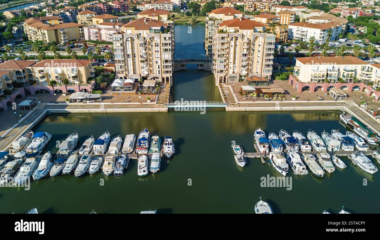 Aerial view of marina with boats and yachts on port of modern ...