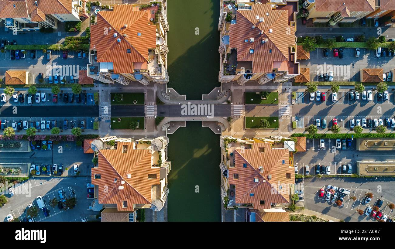 Aerial view of modern residential district and houses from above, real ...