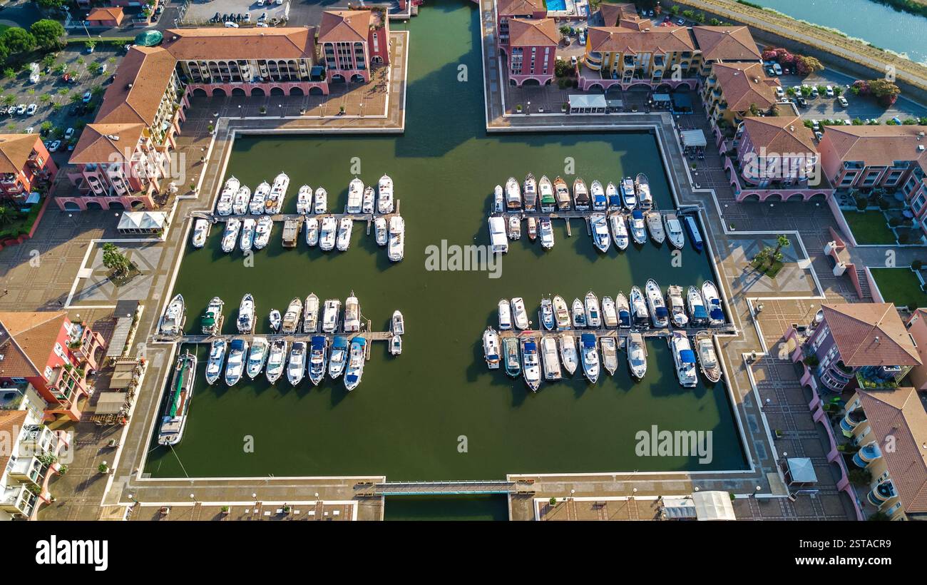 Aerial view of marina with boats and yachts on port of modern ...