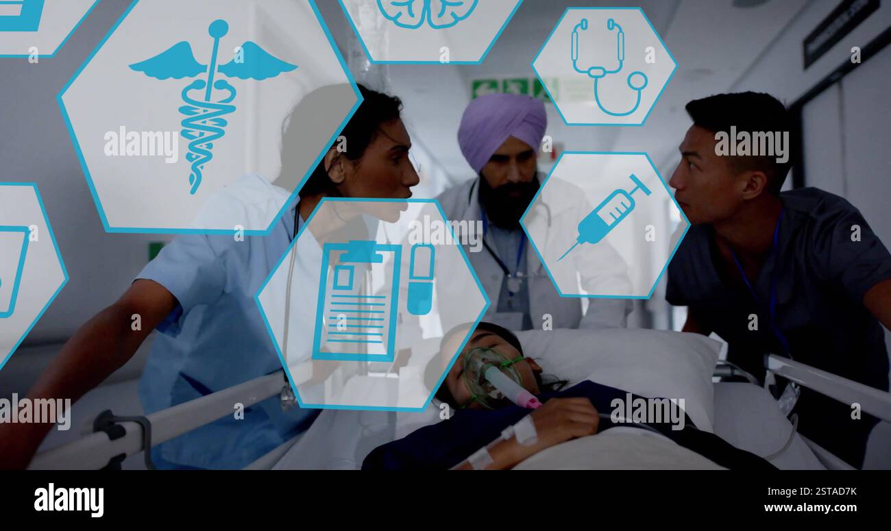 Image of medical icons over diverse doctors and patient in hospital ...