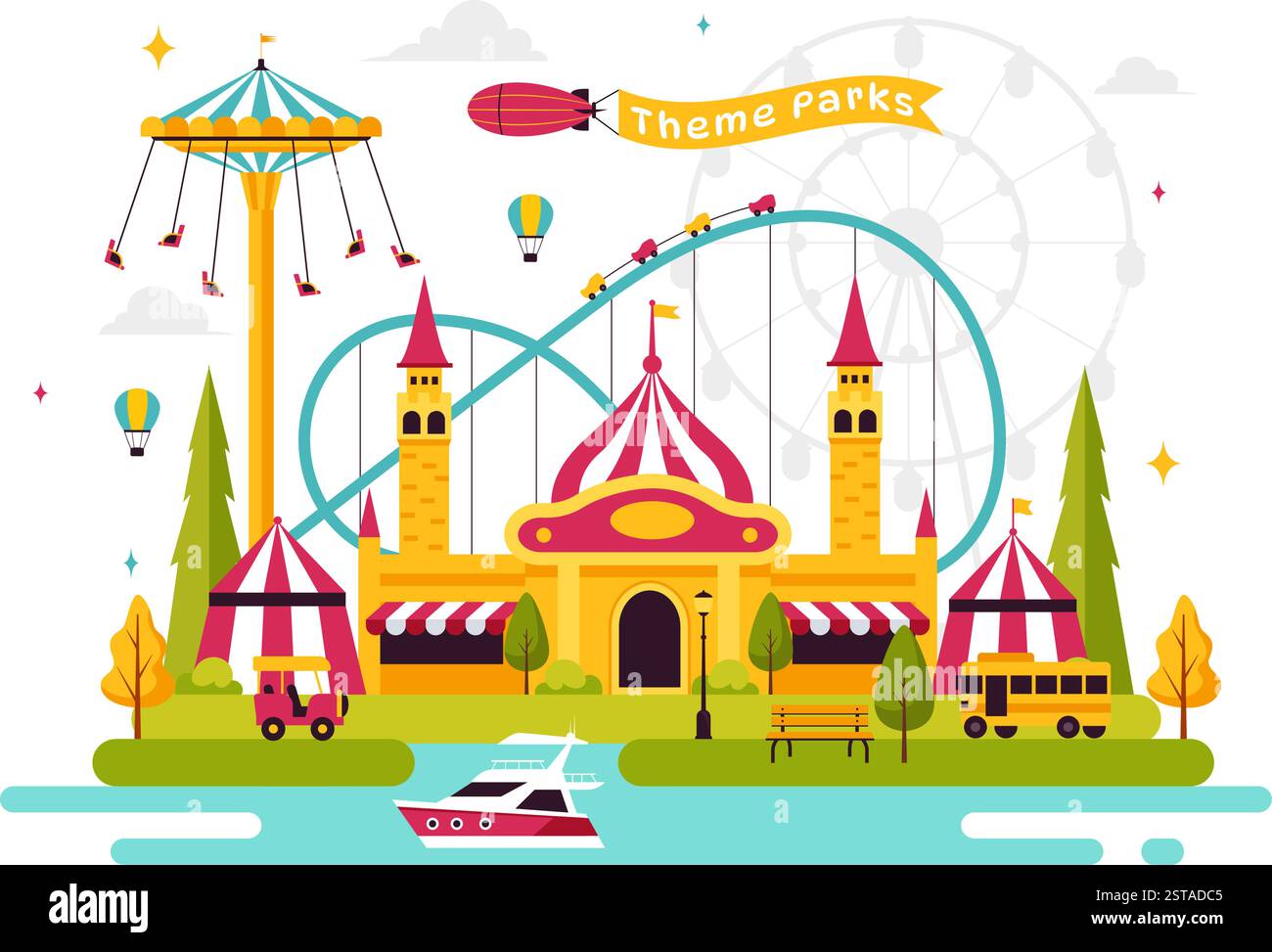 Theme Parks Vector Illustration featuring an Amusement Park with a ...