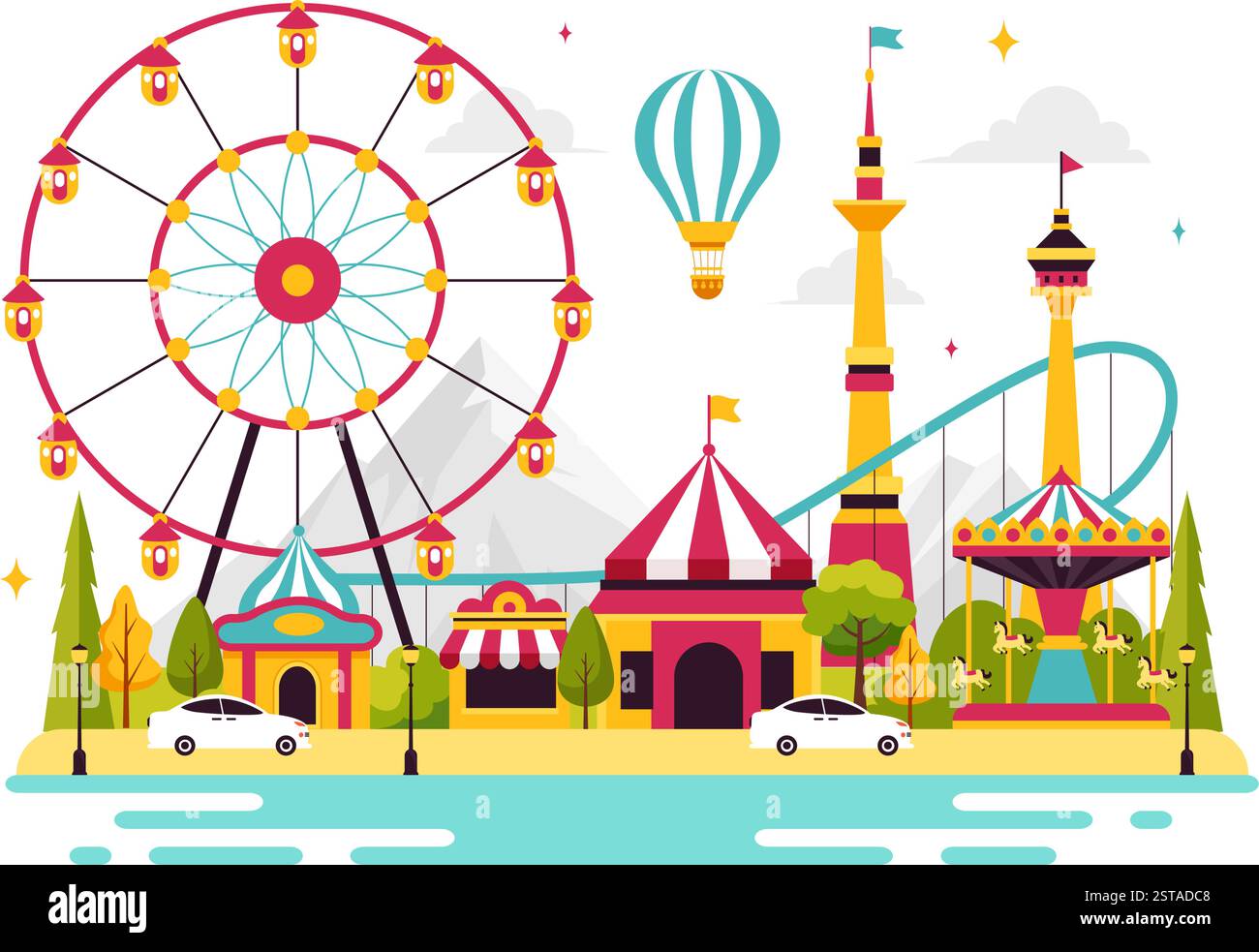 Theme Parks Vector Illustration featuring an Amusement Park with a ...