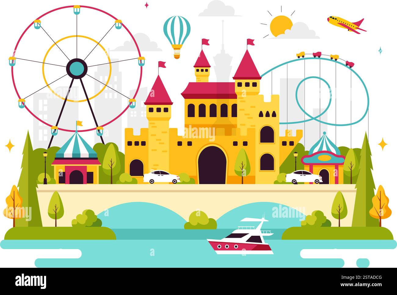 Theme Parks Vector Illustration featuring an Amusement Park with a ...