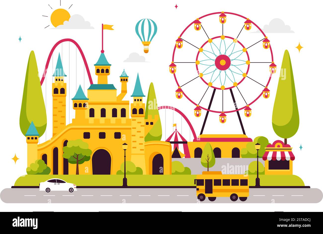 Theme Parks Vector Illustration featuring an Amusement Park with a ...