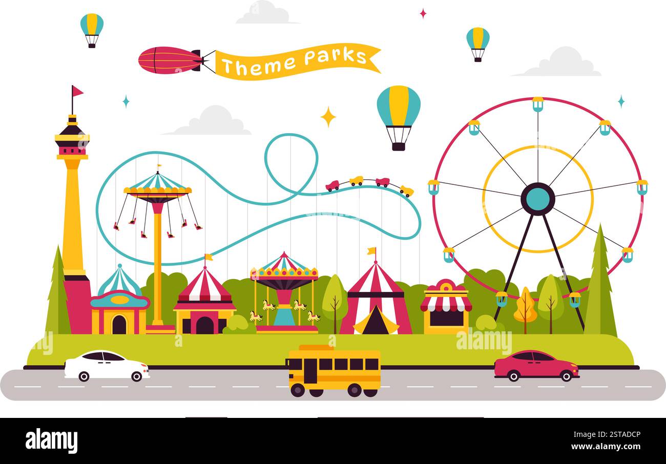 Theme Parks Vector Illustration featuring an Amusement Park with a ...