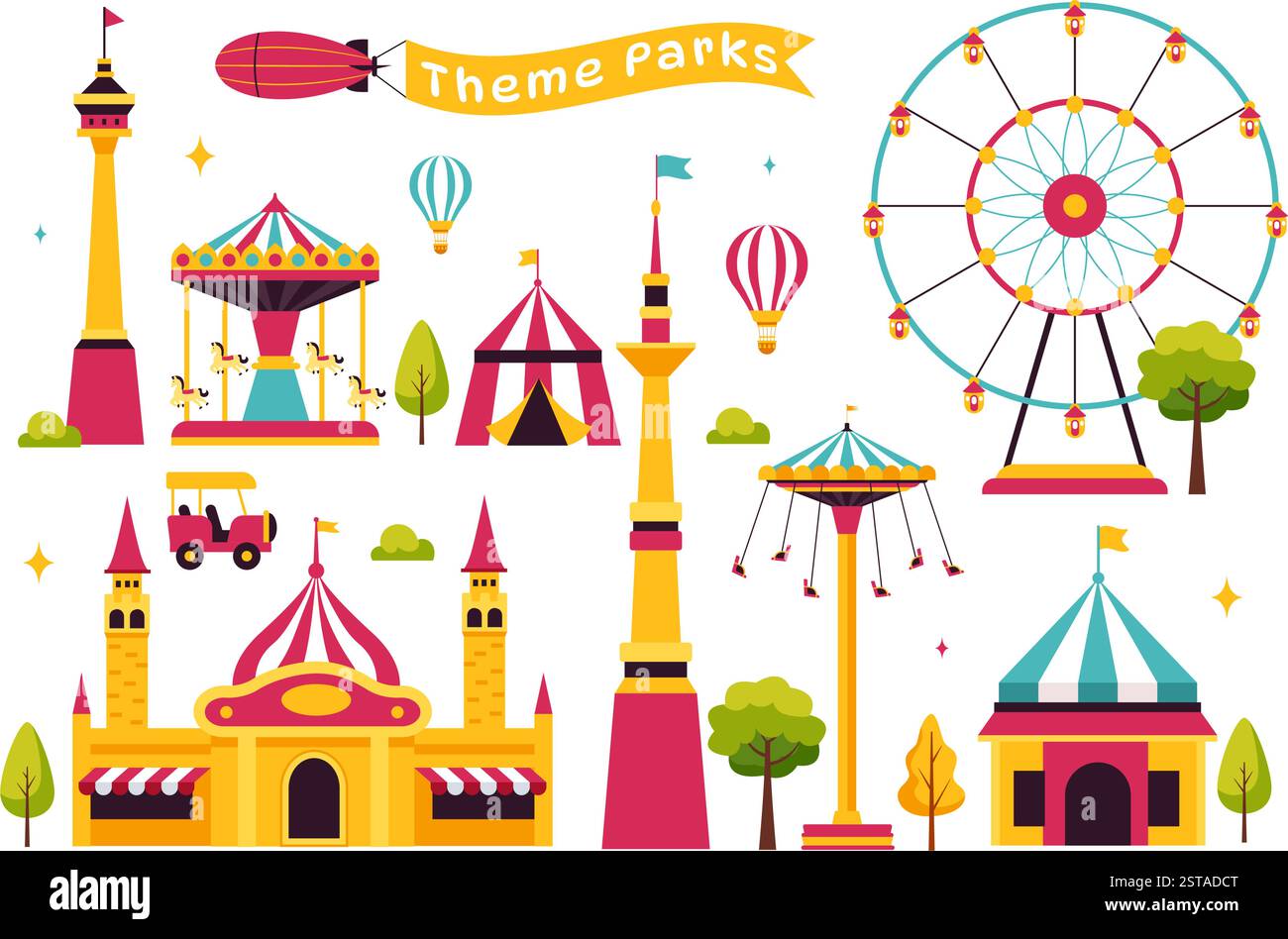Theme Parks Vector Illustration featuring an Amusement Park with a ...