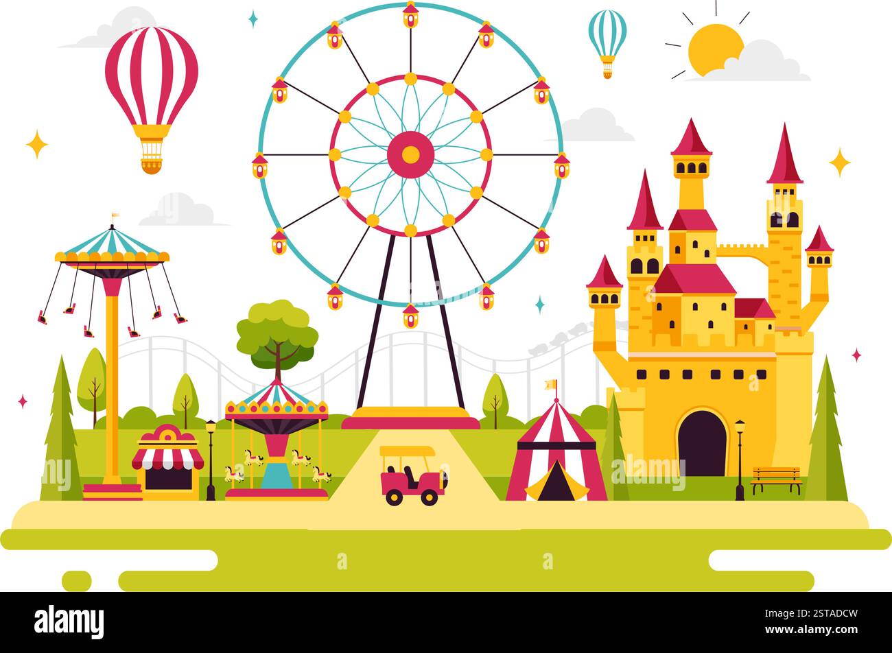 Theme Parks Vector Illustration featuring an Amusement Park with a ...