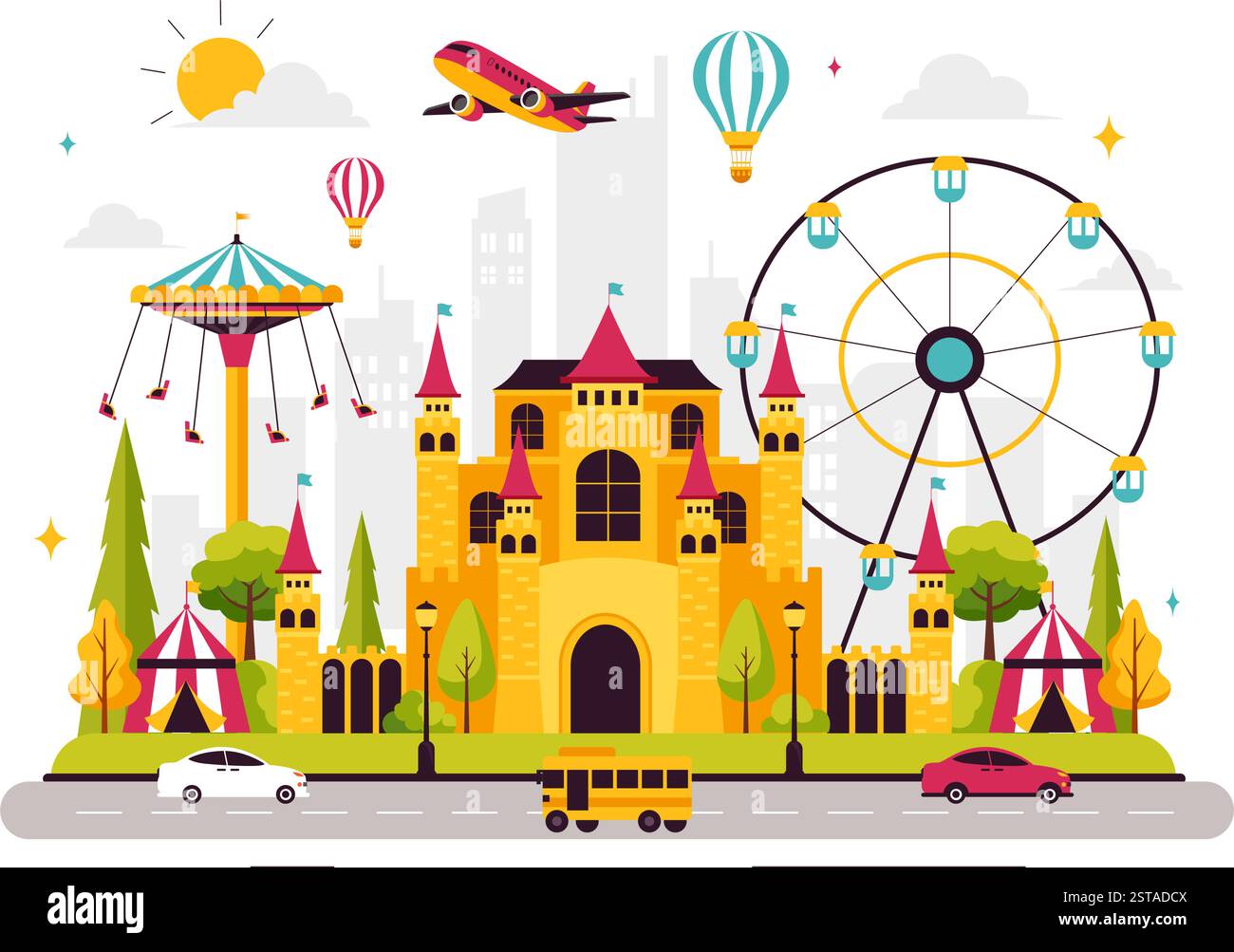 Theme Parks Vector Illustration featuring an Amusement Park with a ...