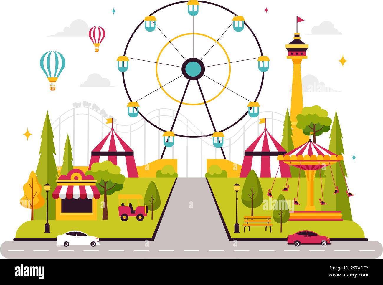 Theme Parks Vector Illustration featuring an Amusement Park with a ...