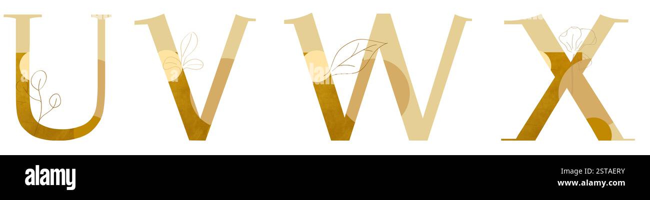 Gold Alphabet Letters U V W X With Intricate Floral Line Art Decoration ...
