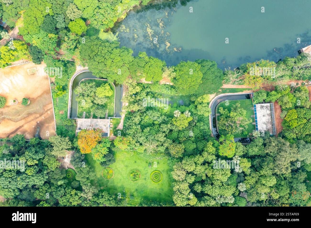 An aerial view of the tiger enclosure at Dhaka Zoo in Dhaka, Bangladesh ...
