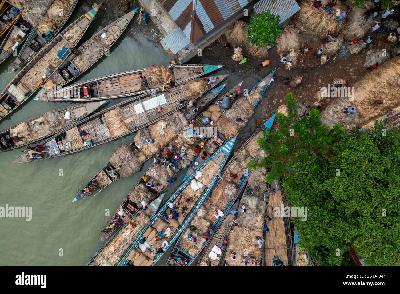 An aerial view of boats laden with raw jute fibers anchored at the ...