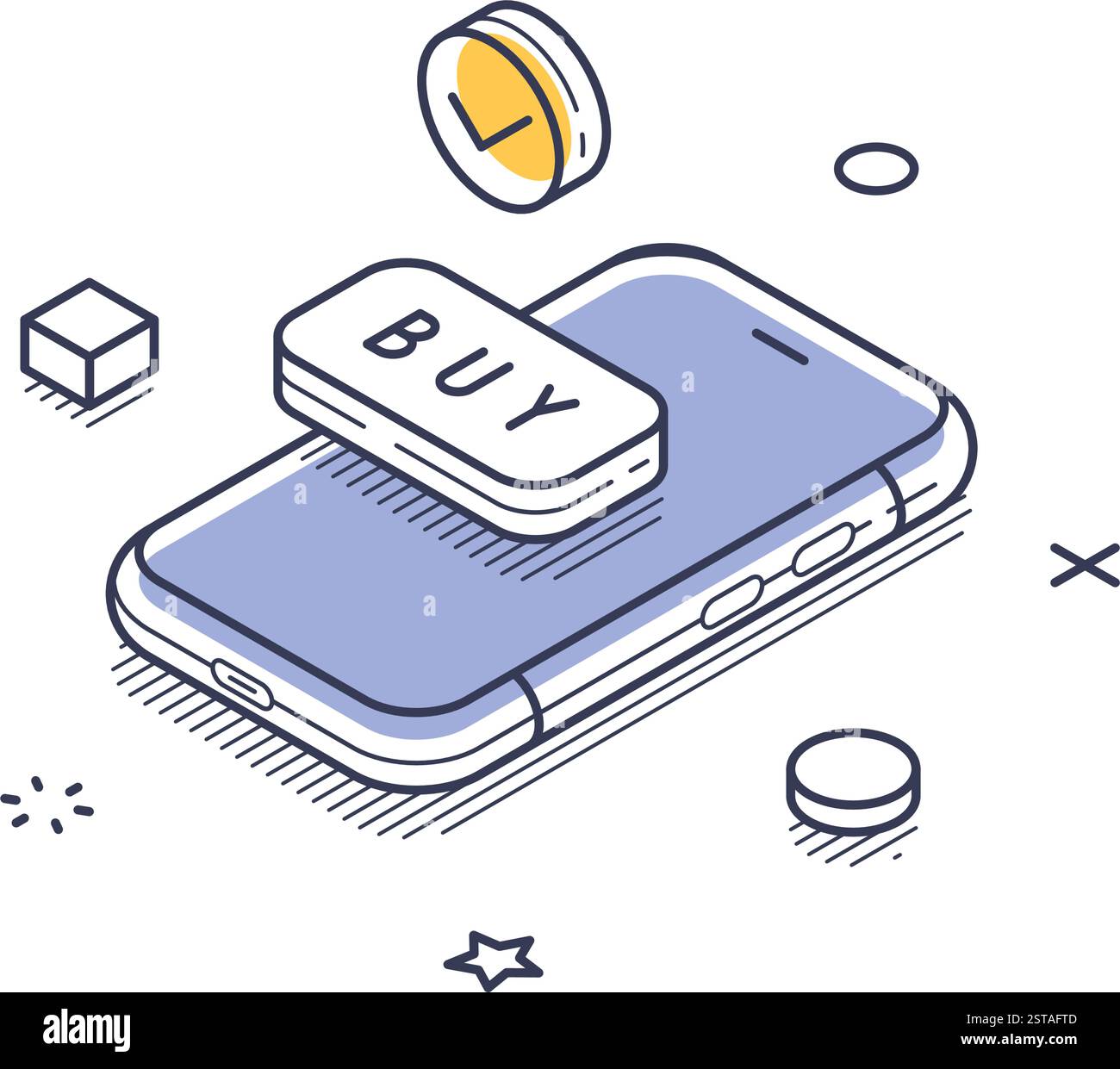 Online shopping, featuring a mobile device with a buy button and coins ...
