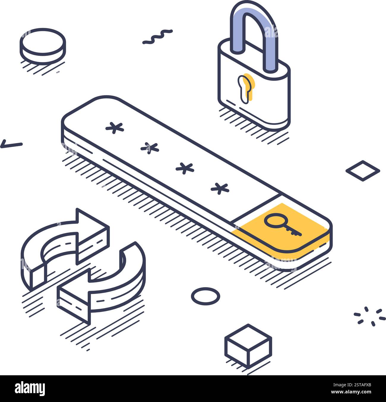 Isometric line art icon showcasing elements of internet security, including a padlock and a ...