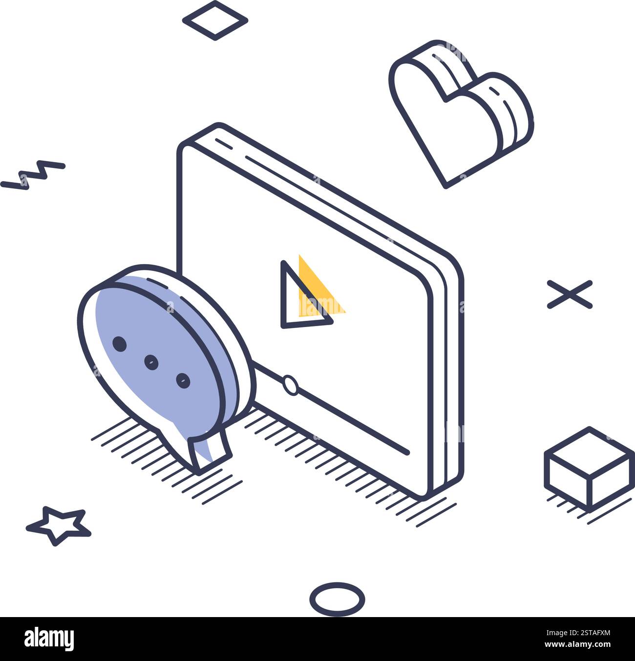 Isometric line art representation of a digital screen with interactive ...