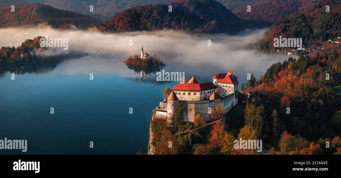 Bled, Slovenia - Aerial panoramic view of beautiful Bled Castle ...