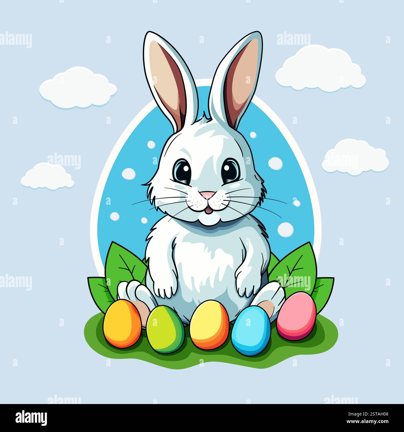 Easter bunny with colorful eggs and fluffy clouds on a blue background ...