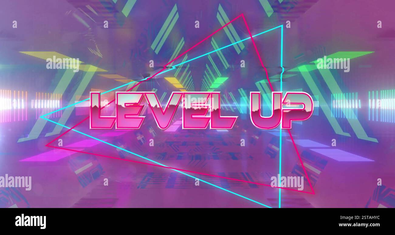 Image of level up text over colourful shapes Stock Photo - Alamy