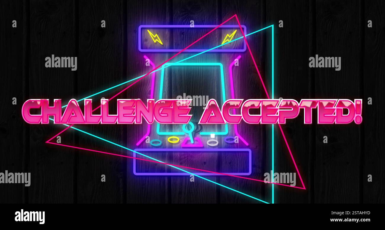 Image of challenge accepted text over colourful neon arcade Stock Photo ...