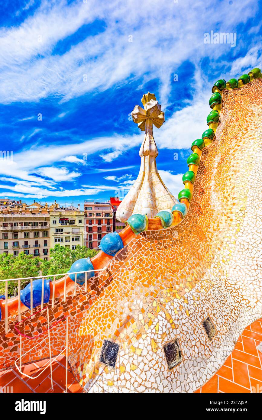 Outdoor on roof Gaudi's creation- House Casa Batllo. Spain Stock Photo ...
