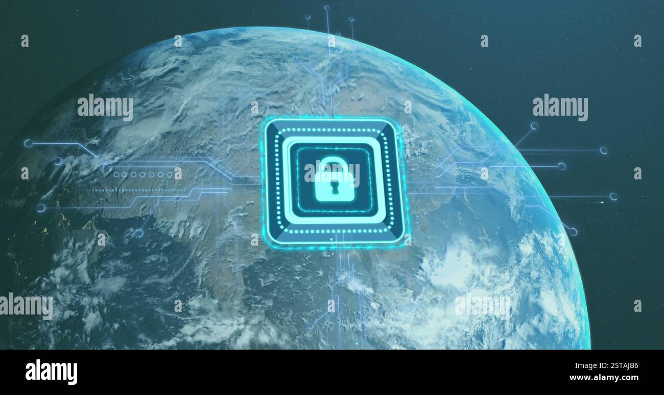 Lock icon and circuit lines image over Earth from space Stock Photo - Alamy