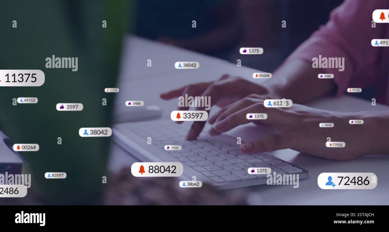 Image of social media icons with numbers over african american woman ...