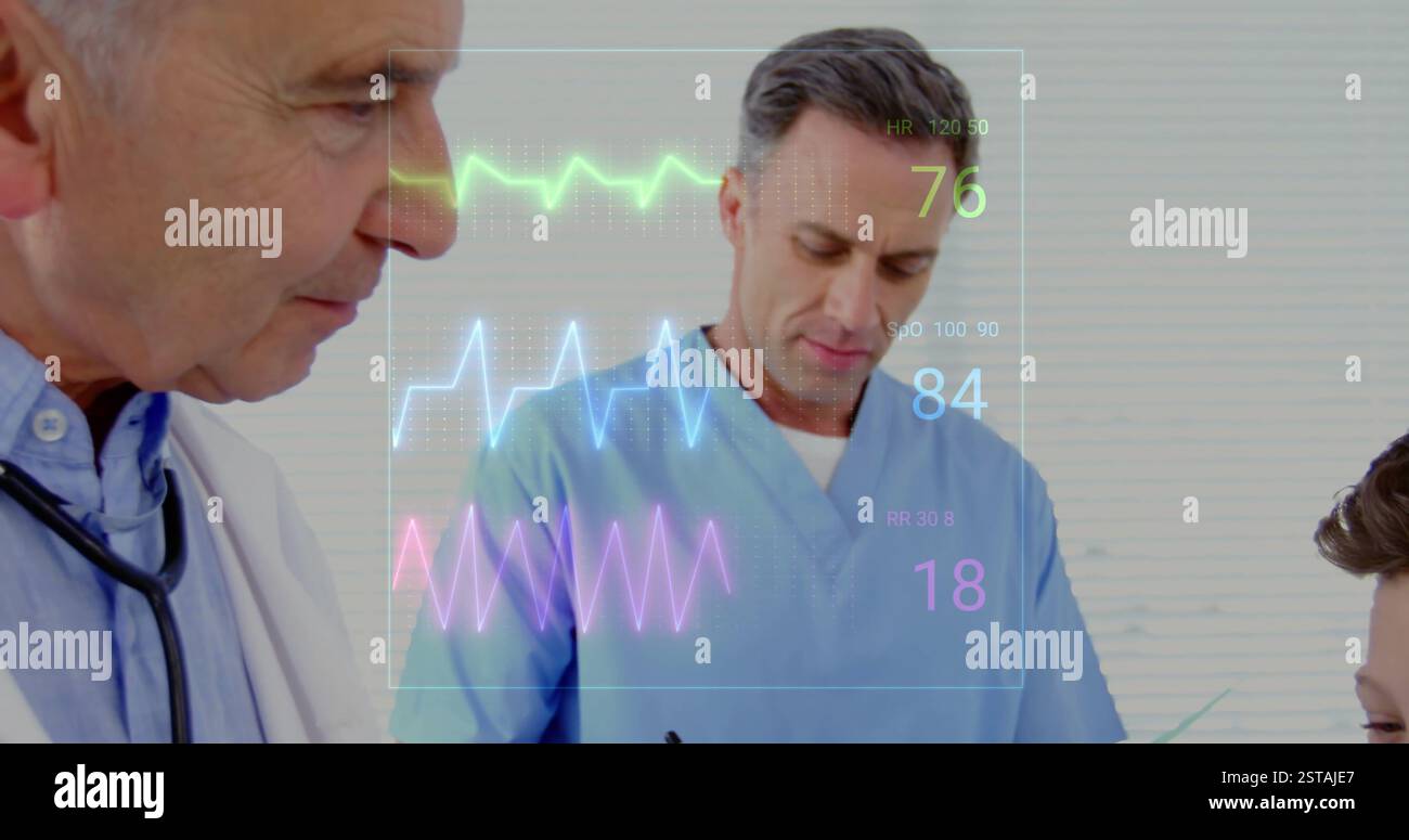 Image of cardiograph over caucasian male doctor examining his patient ...