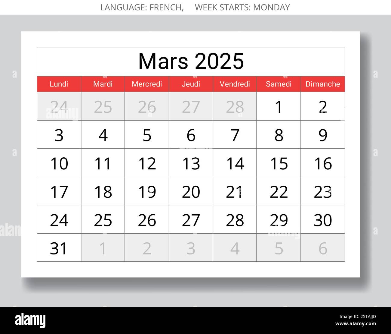 French calendar for march 2025. Vector illustration of a winter month ...