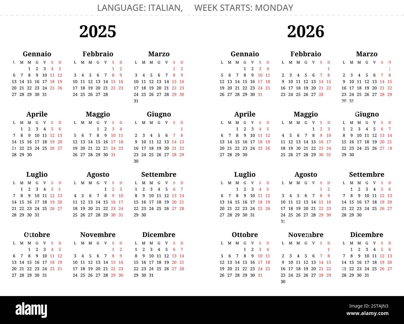 2025 and 2026 italian calendars - calendario italiano. Simple editable ...