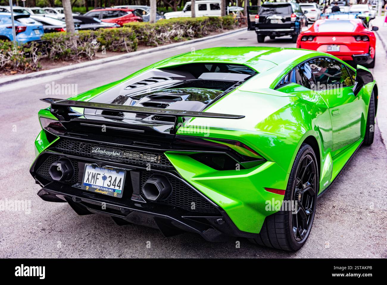 Miami Beach, Florida USA - June 9, 2024: 2023 Lamborghini Huracan Tecnica green at miami beach ...