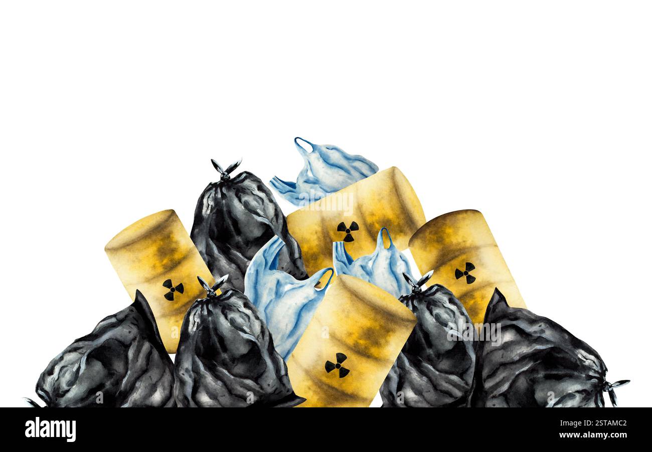 Mountain of garbage. Frame, template. Bags filled with trash, rusty oil ...