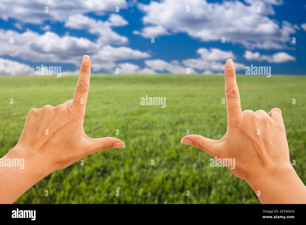 Female Hands Making a Frame Over Grass Field and Sky Stock Photo - Alamy