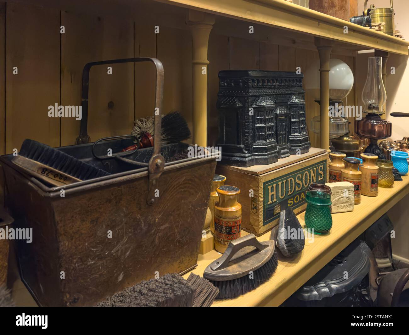 Victorian household items – coal scuttle, brushes, soaps, bottles, and ...