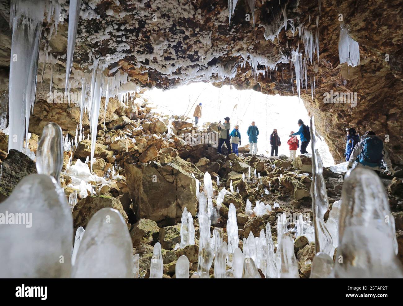 A photo shows an ice stalagmite in Hyakujojiki Cave in Date City, the ...