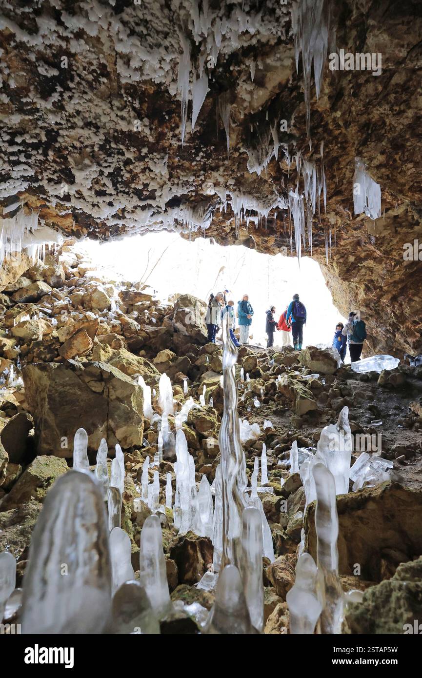 A photo shows an ice stalagmite in Hyakujojiki Cave in Date City, the ...