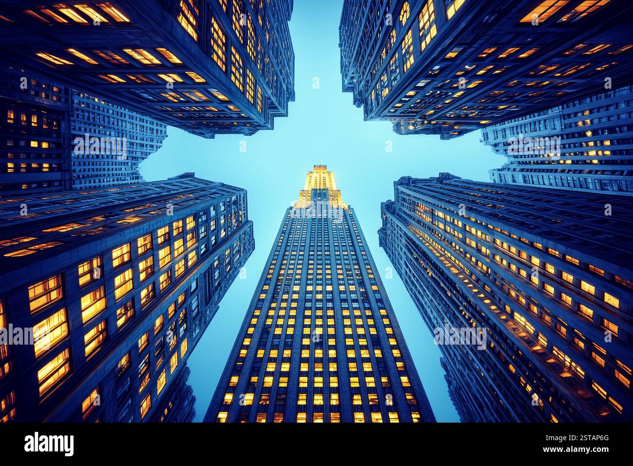 Amid the towering buildings, the iconic spire shines brightly against ...
