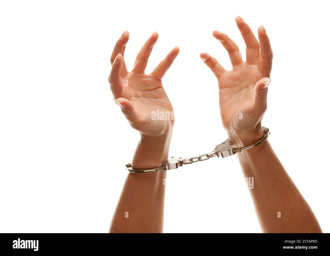 Handcuffed Woman Desperately Raising Hands in Air Isolated on a White ...