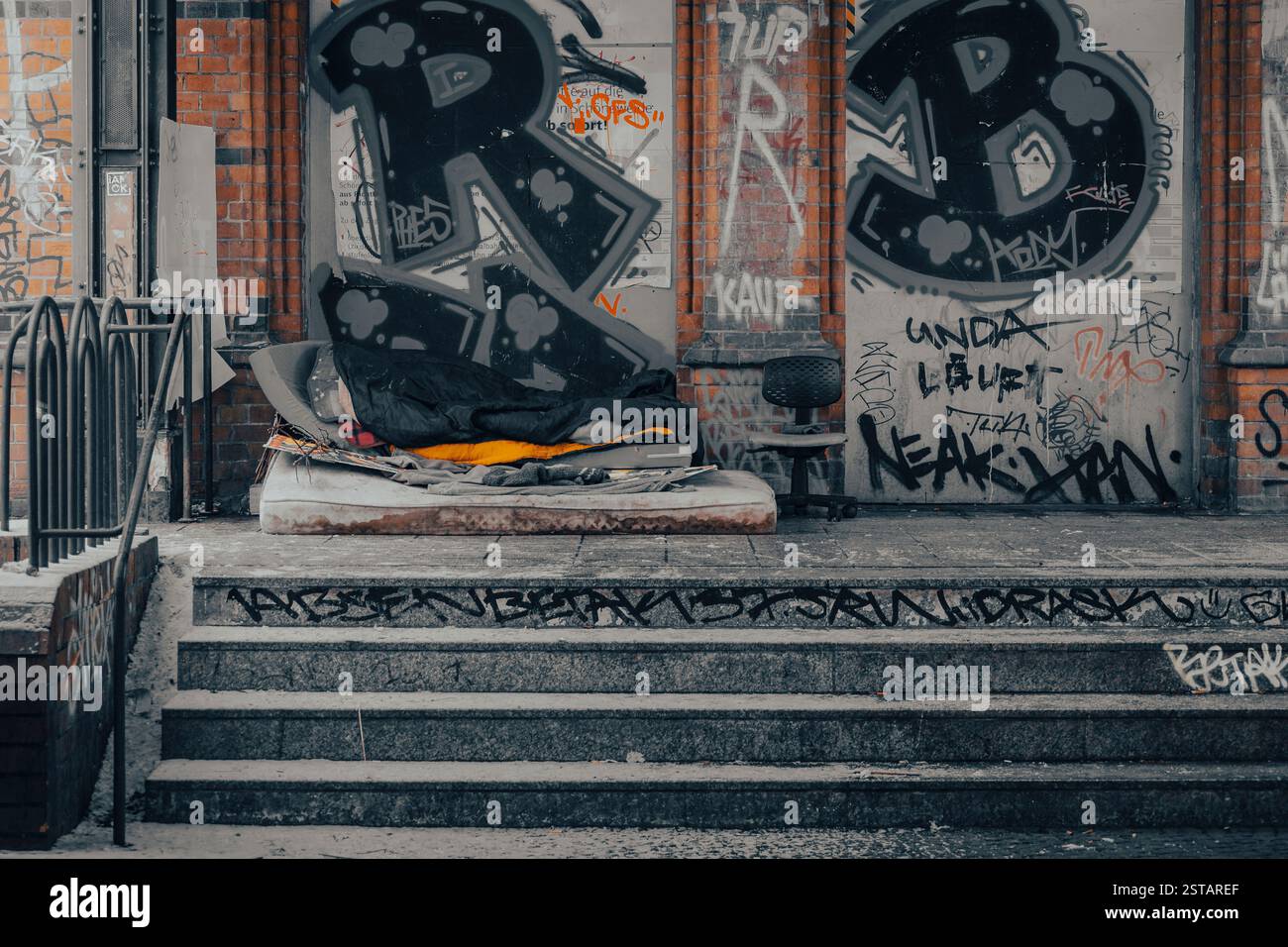 Urban Survival, Homeless Bed Amid Graffiti and Rubble, homelessness ...