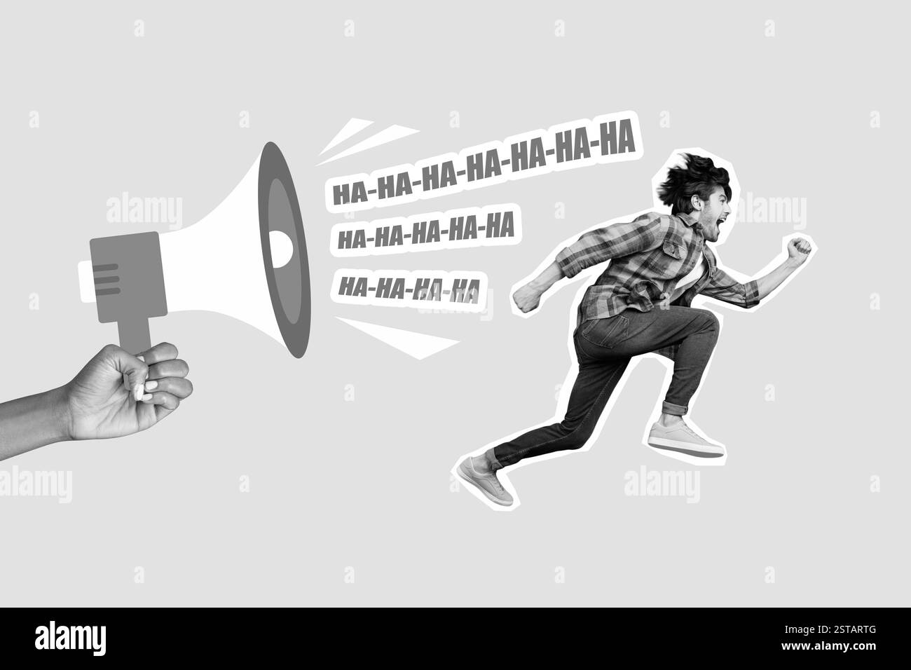 Creative surreal trend magazine collage of frustrated young guy loud speaking toa microphone ...