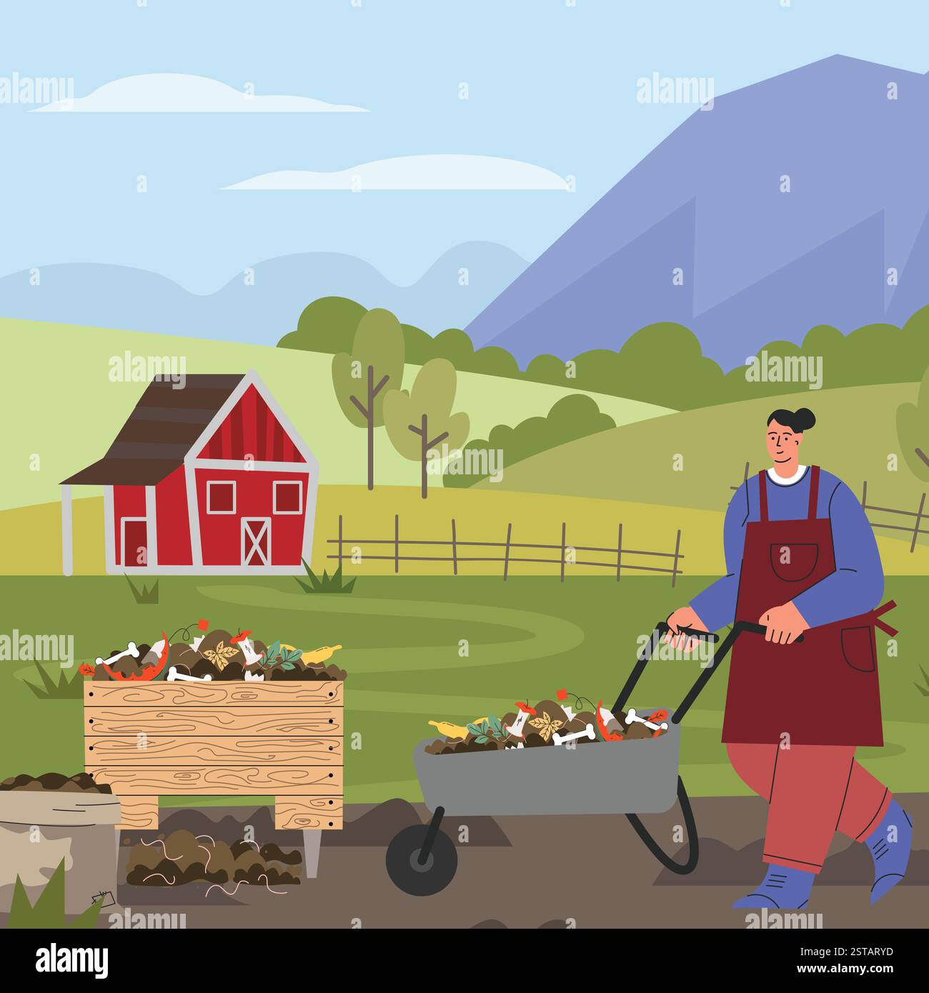 Sustainable Farming and Composting Vector Illustration Farmer Managing Organic Waste, Eco ...