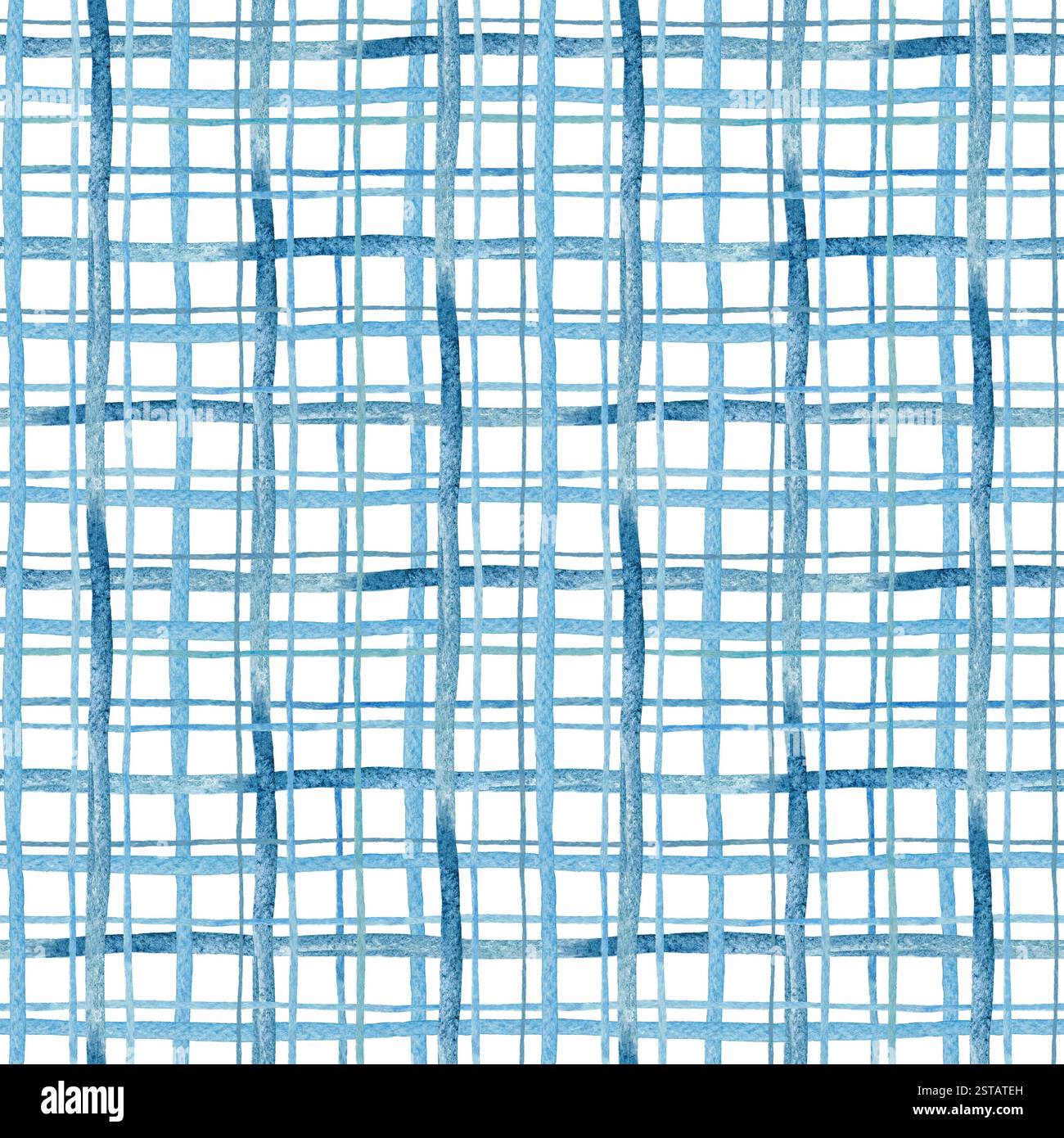 Seamless watercolor plaid pattern in blue tones. Hand-painted checkered ...