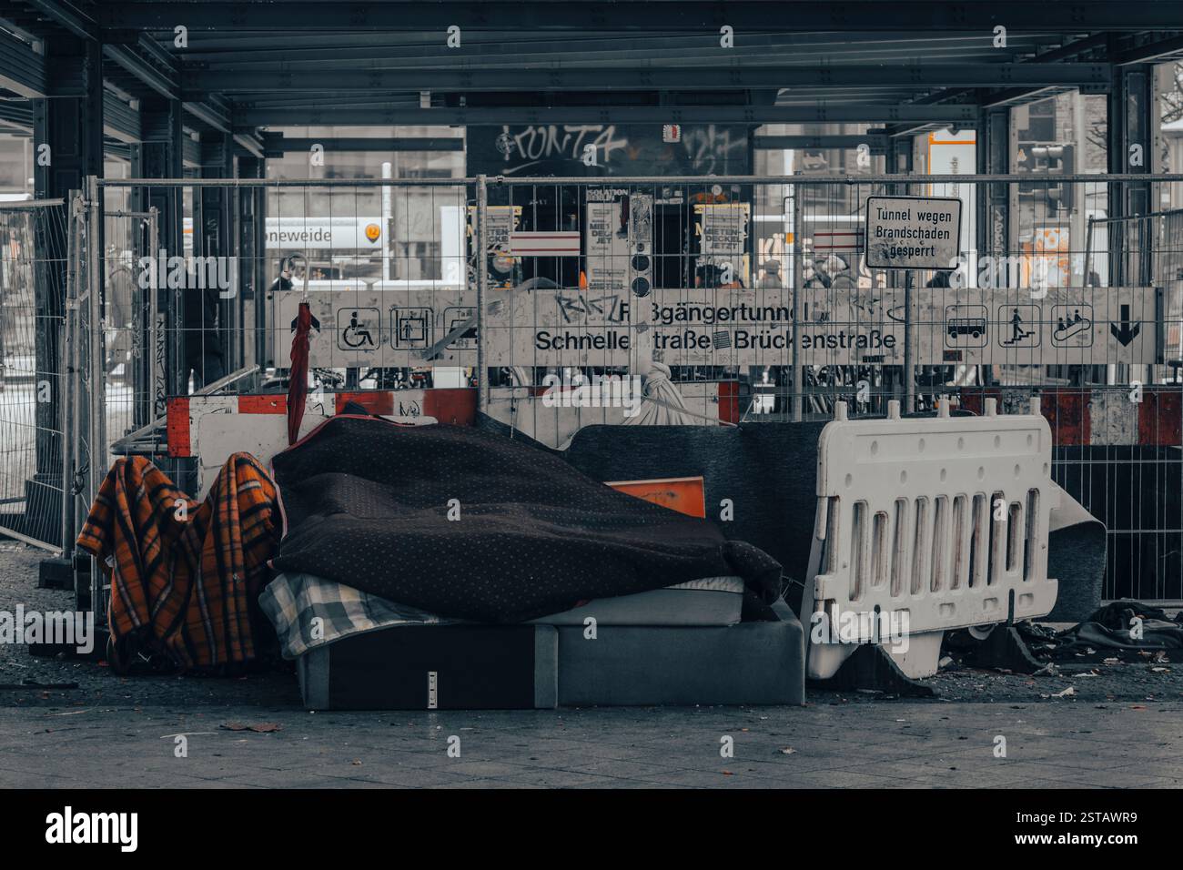 Urban Survival, Homeless Bed Amid Graffiti and Rubble, homelessness ...