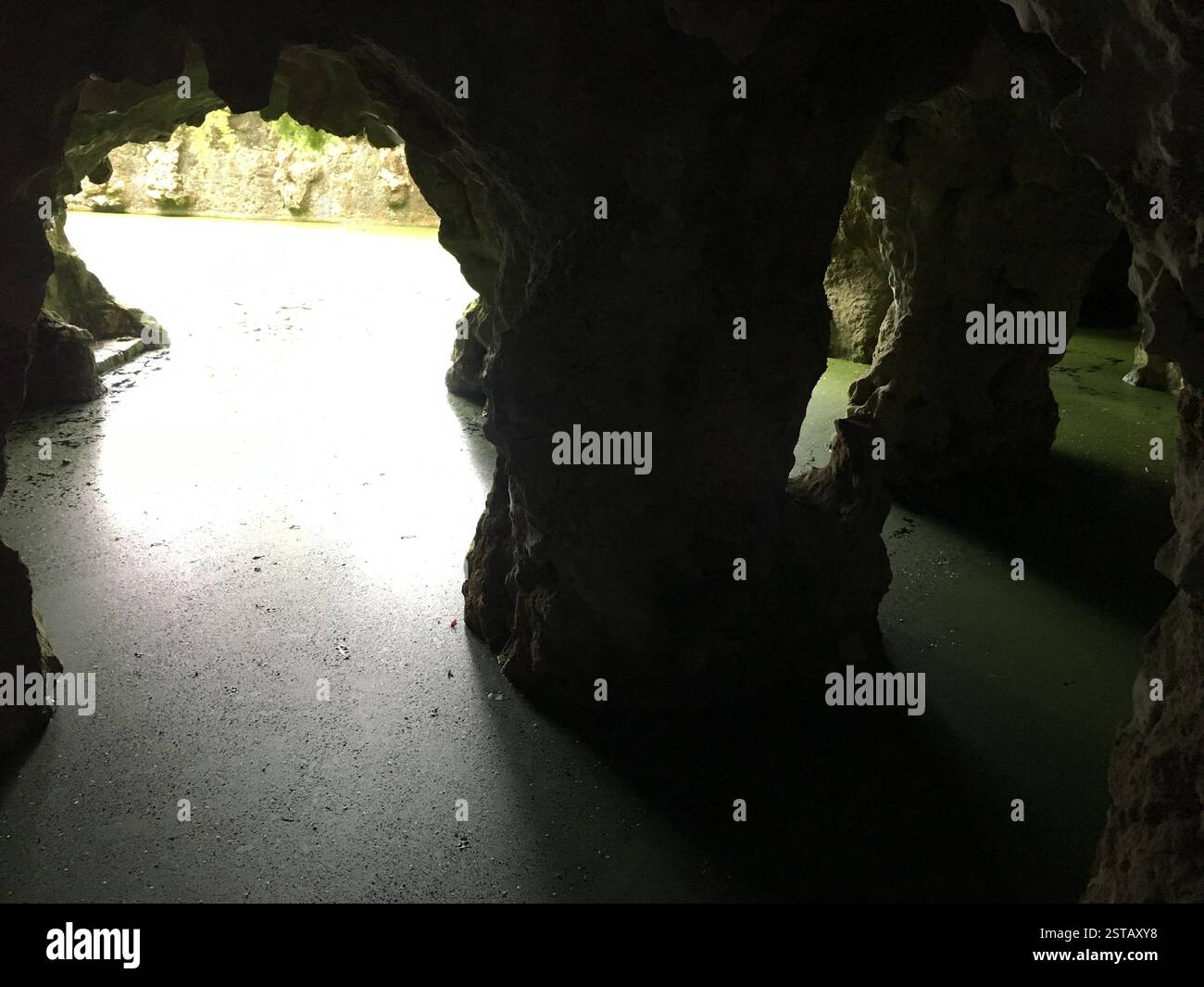 Underground cave, Sintra, Portugal. Water with green algae. Rock ...