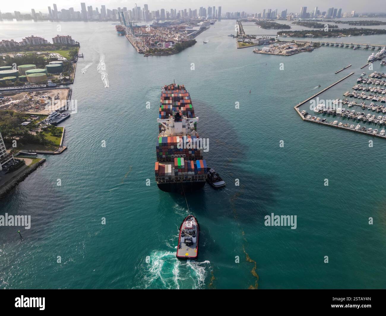 Port of Miami. Cargo ship with container, aerial view. Freight ...