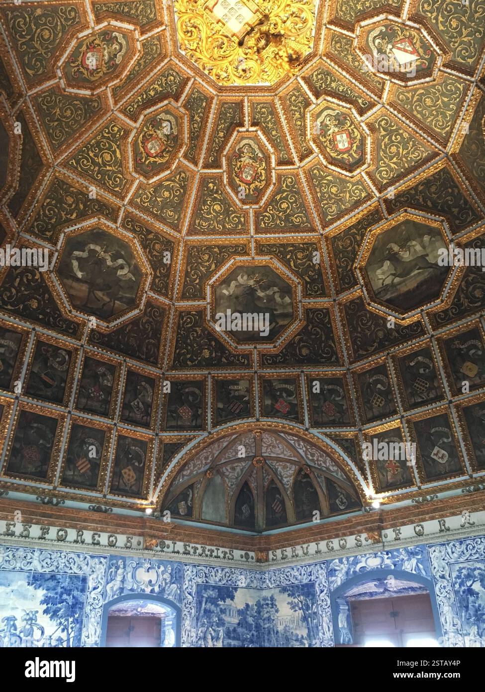 Ceiling, ornate gold and wood with painted scenes, opulent and regal ...