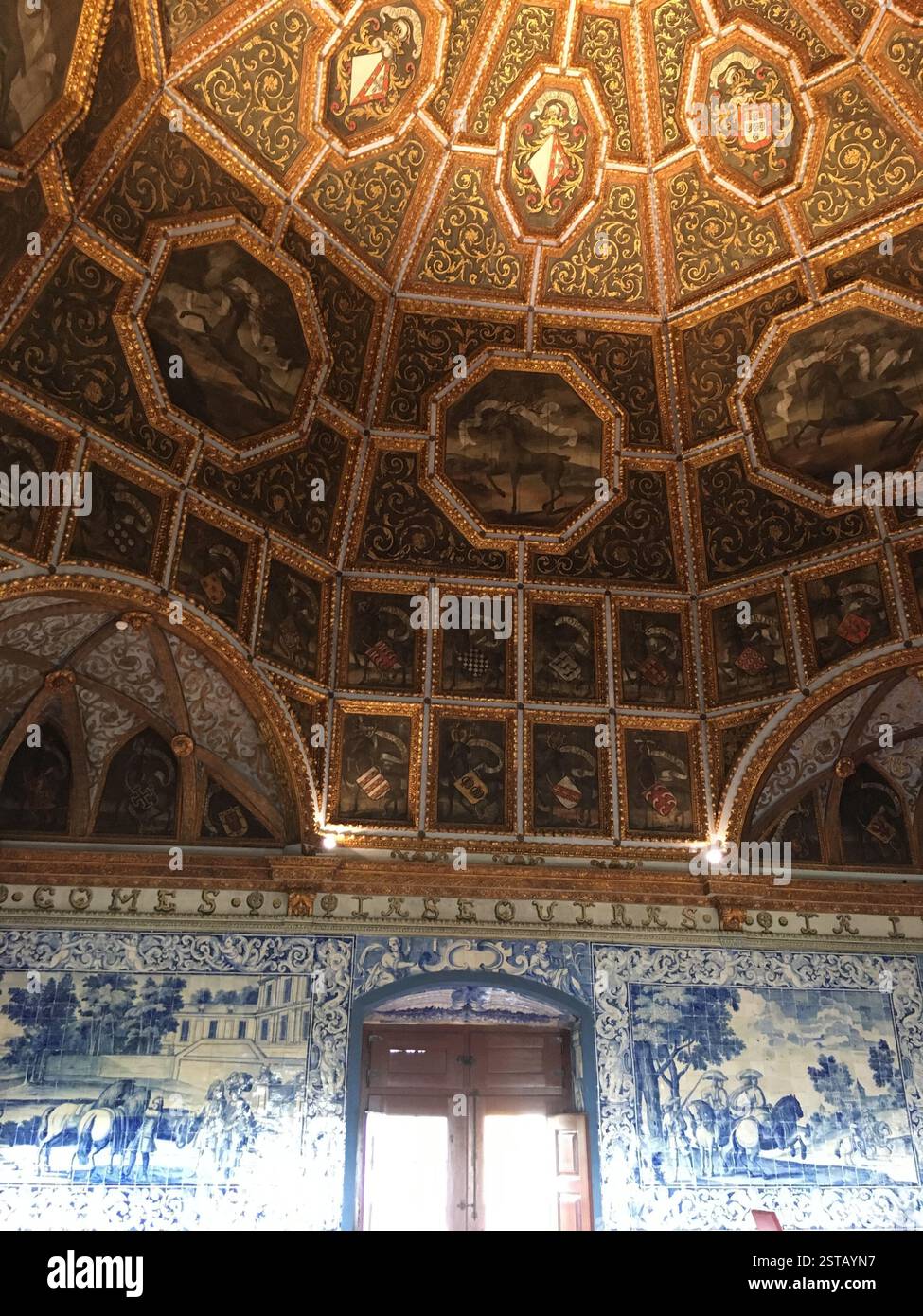 The ornate ceiling of a palace in Sintra, Portugal, showcases intricate ...