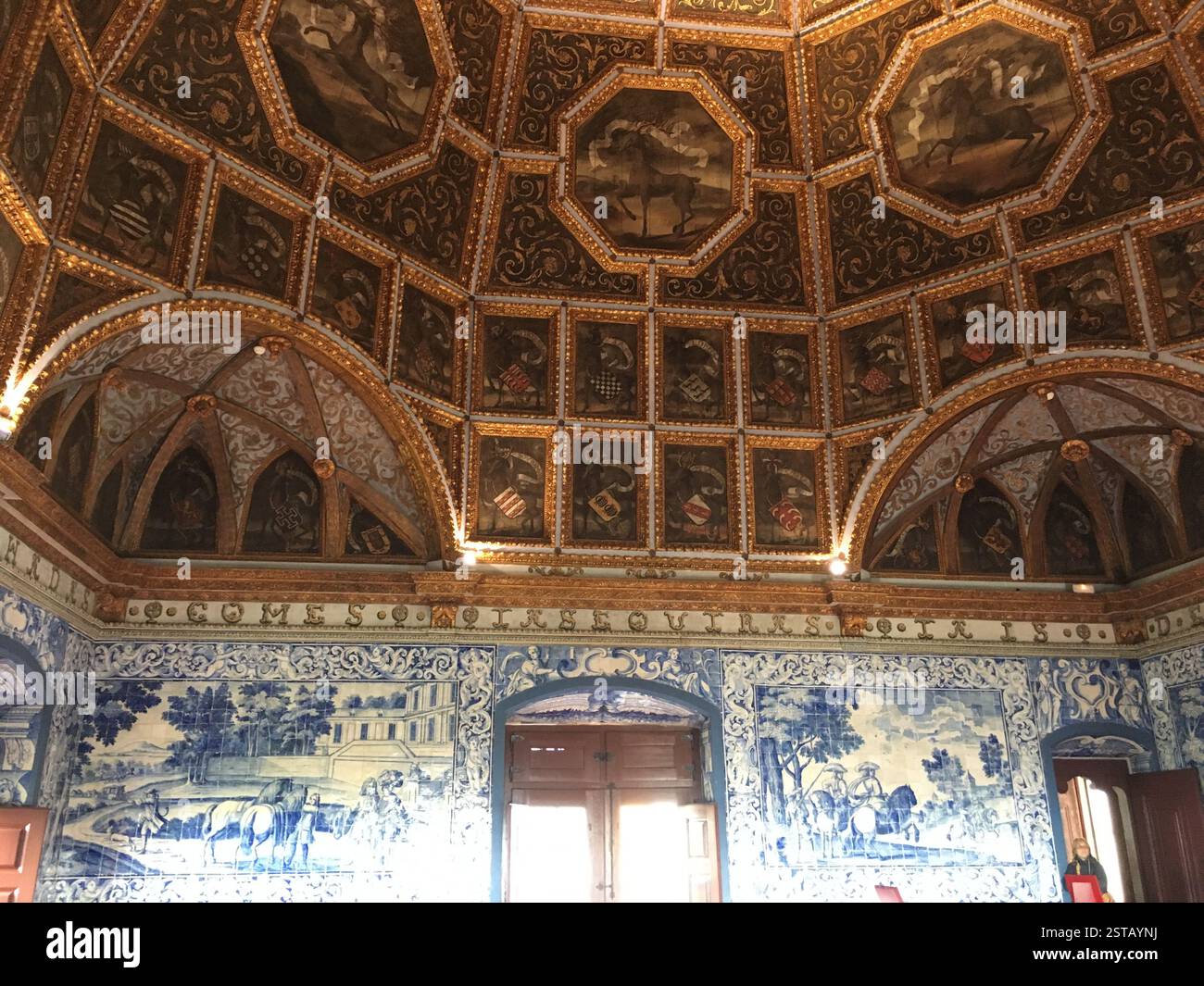 Sintra, Portugal. A majestic palace ceiling adorned with intricate gold ...